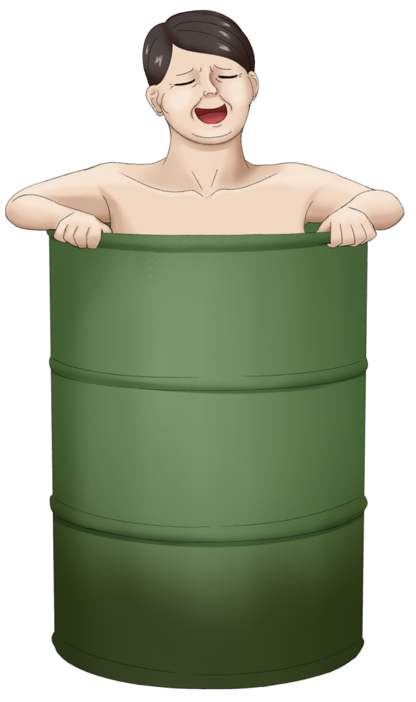 Man in a Drum Bath – Free Illustration of Outdoor Relaxation – イラストノーカ